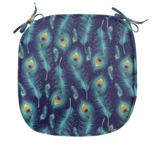 Ambesonne Peacock Chair Seating Cushion Set of 6, Graphic Peacock Bird Feathers Background Designed Image, Anti-Slip Seat Padding for Kitchen & Patio, 16"x16", Navy Blue Orange