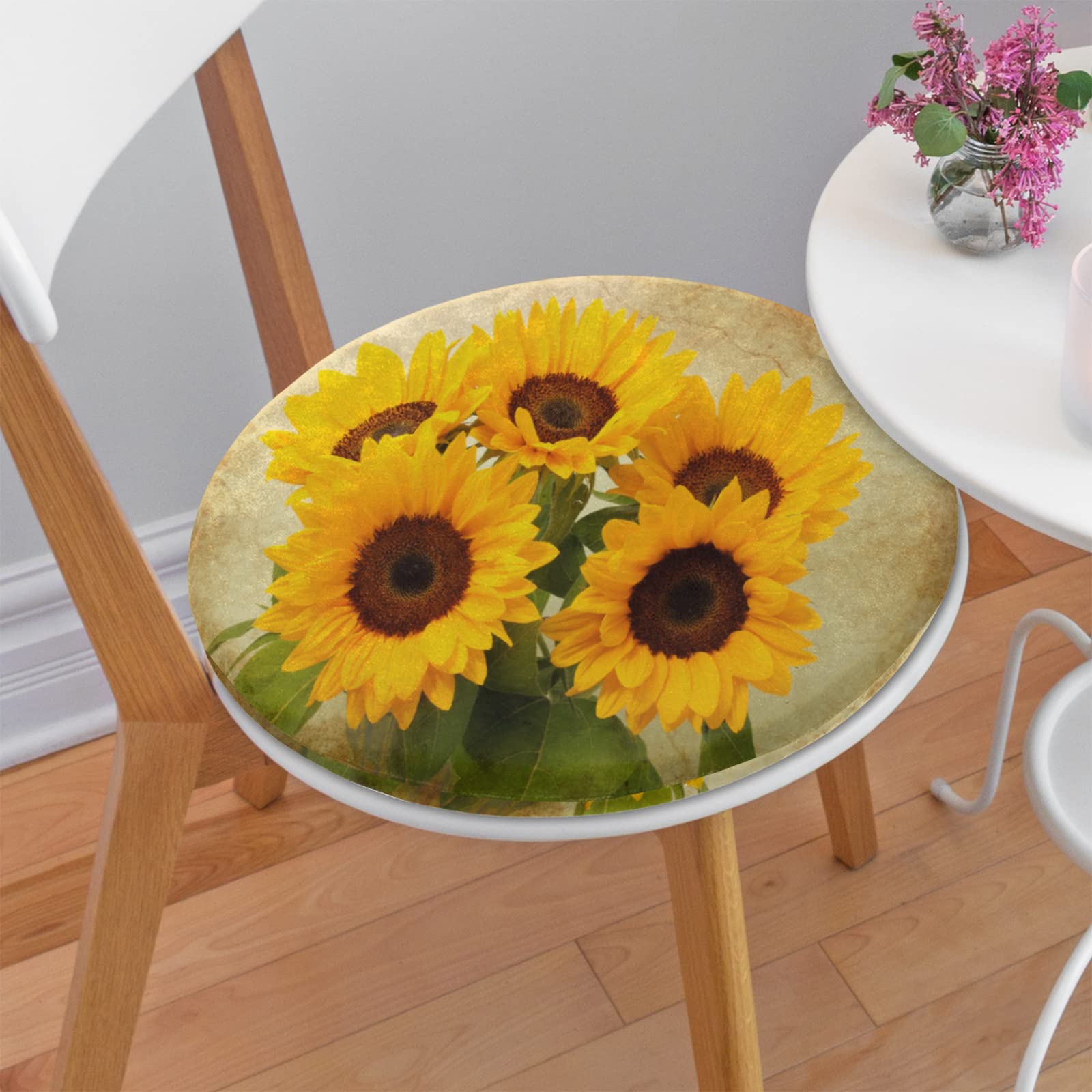 Floral Round Seat Cushion, Retro Sunflower Leaf Chair Cushions Soft Memory Foam Chair Pad Reversible Washable Seat Chair Pad with Zipper for Office Kitchen Dining Room Chair