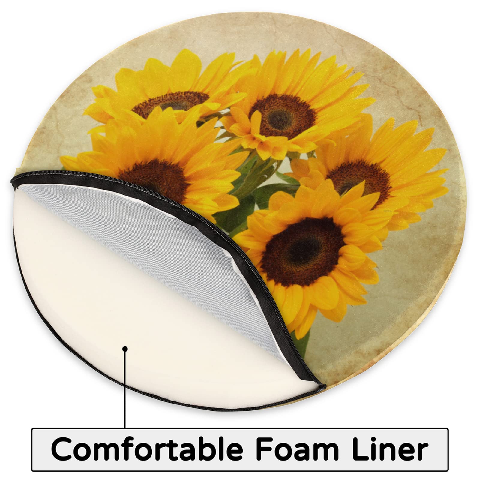 Floral Round Seat Cushion, Retro Sunflower Leaf Chair Cushions Soft Memory Foam Chair Pad Reversible Washable Seat Chair Pad with Zipper for Office Kitchen Dining Room Chair