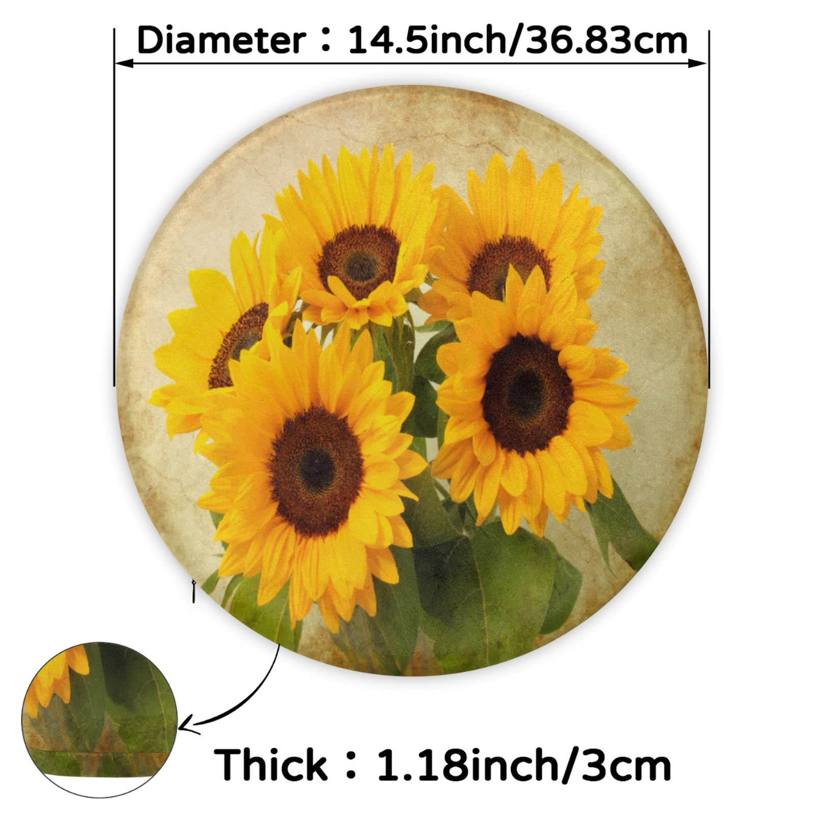 Floral Round Seat Cushion, Retro Sunflower Leaf Chair Cushions Soft Memory Foam Chair Pad Reversible Washable Seat Chair Pad with Zipper for Office Kitchen Dining Room Chair