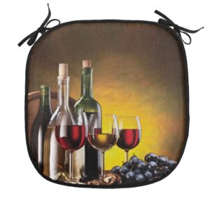 Lunarable Wine Chair Cushion Pads Set of 4, Grapes Wine Bottles and Glasses Picture Printed Art Romantic Drink Gourmet, Anti-Slip Seat Padding for Kitchen & Patio, 16"x16", Fawn and Yellow