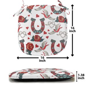 Lunarable Horseshoe Chair Seating Cushion Set of 12, Horseshoe with Rose Swallow Hearts Foral Ornamental Tattoo Style Art, Anti-Slip Seat Padding for Kitchen & Patio, 16"x16", Blue Grey and Ruby