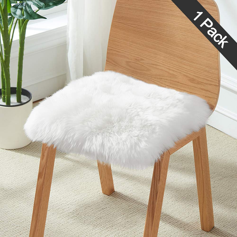 XingMart 18" x 18" Fluffy Faux Sheepskin Fur Square Chair Cushion Cover Seat Pad Soft Rugs for Bedroom Living Girls Room Sofa Decor, White, 1 Pack