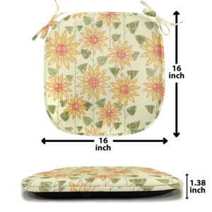 Ambesonne Sunflower Chair Seating Cushion Set of 6, Floral Nature Pattern in Patchwork Style Rustic Country Design, Anti-Slip Seat Padding for Kitchen & Patio, 16"x16", Olive Green Orange