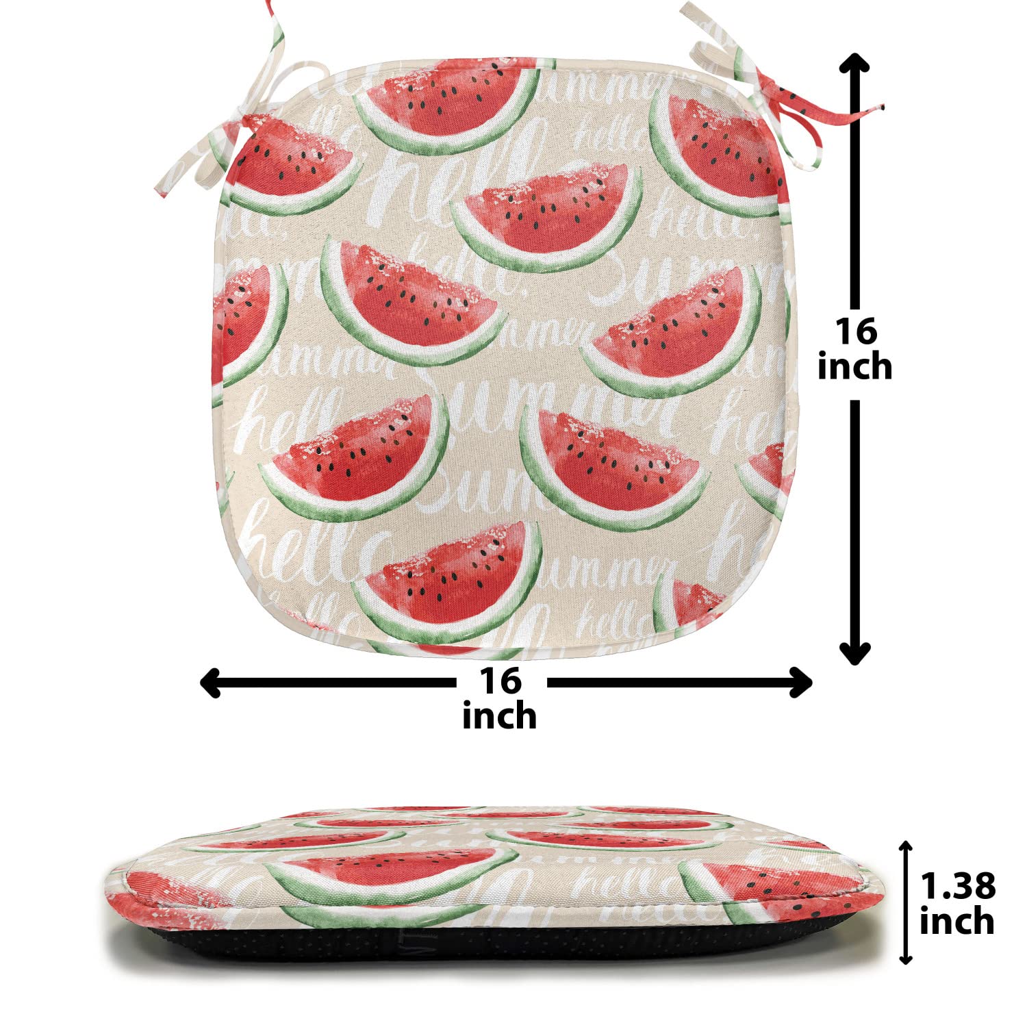 Ambesonne Fruits Chair Seating Cushion Set of 8, Watercolor Fresh Watermelons Yummy Summer Food Harvest Paintbrush Display, Anti-Slip Seat Padding for Kitchen & Patio, 16"x16", Cream Red Jade Green