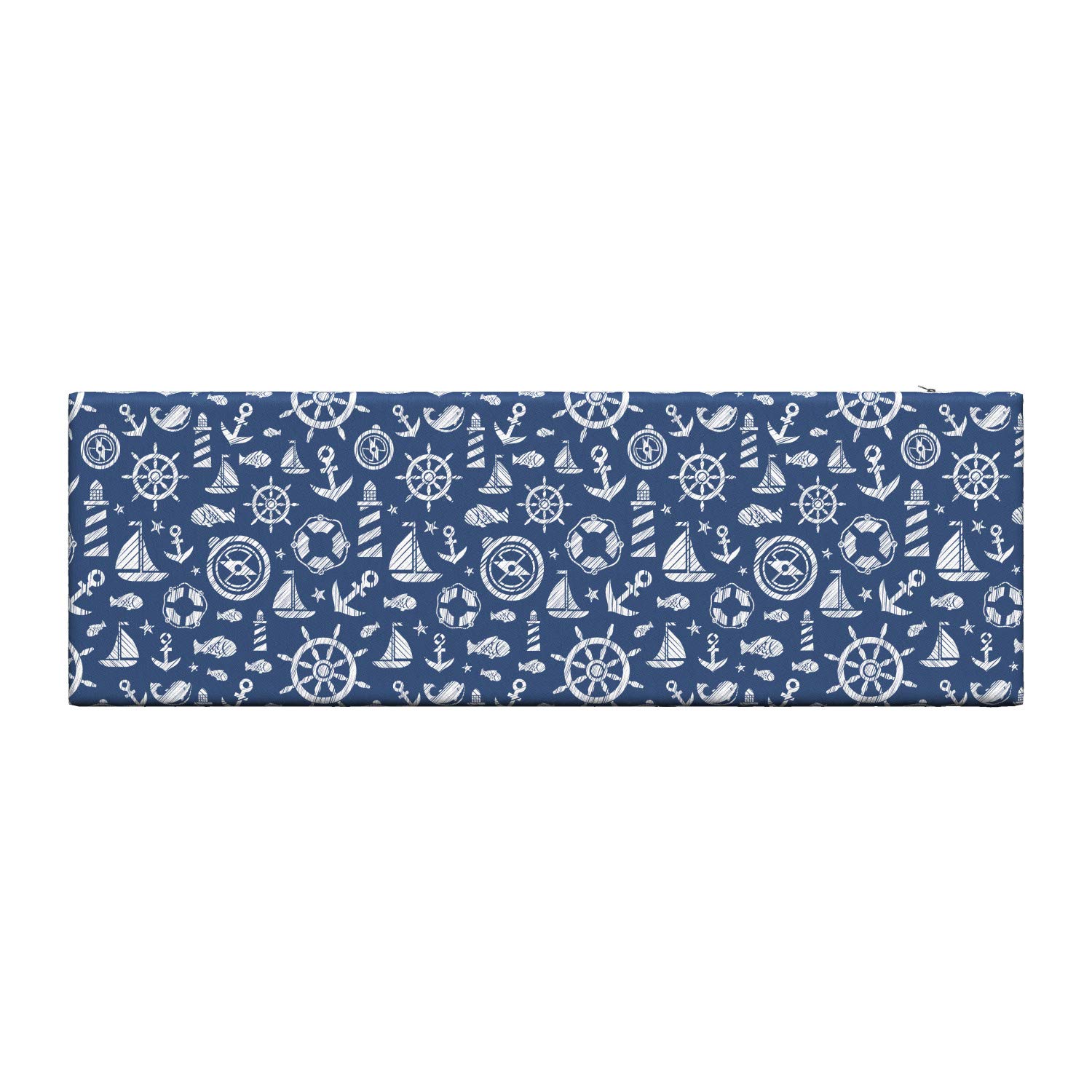 Ambesonne Sailboat Bench Pad, Diagonal Hatched Nautical Elements Ship's Wheel Anchor and Marine Animals, Standard Size HR Foam Cushion with Decorative Fabric Cover, 45" x 15" x 2", White Blue