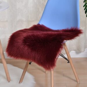 xslive square faux fur sheepskin chair pad seat cushion soft fluffy plush small area rug carpet non slip suede backing chair cushion for home office decor (burgundy,20"x20")