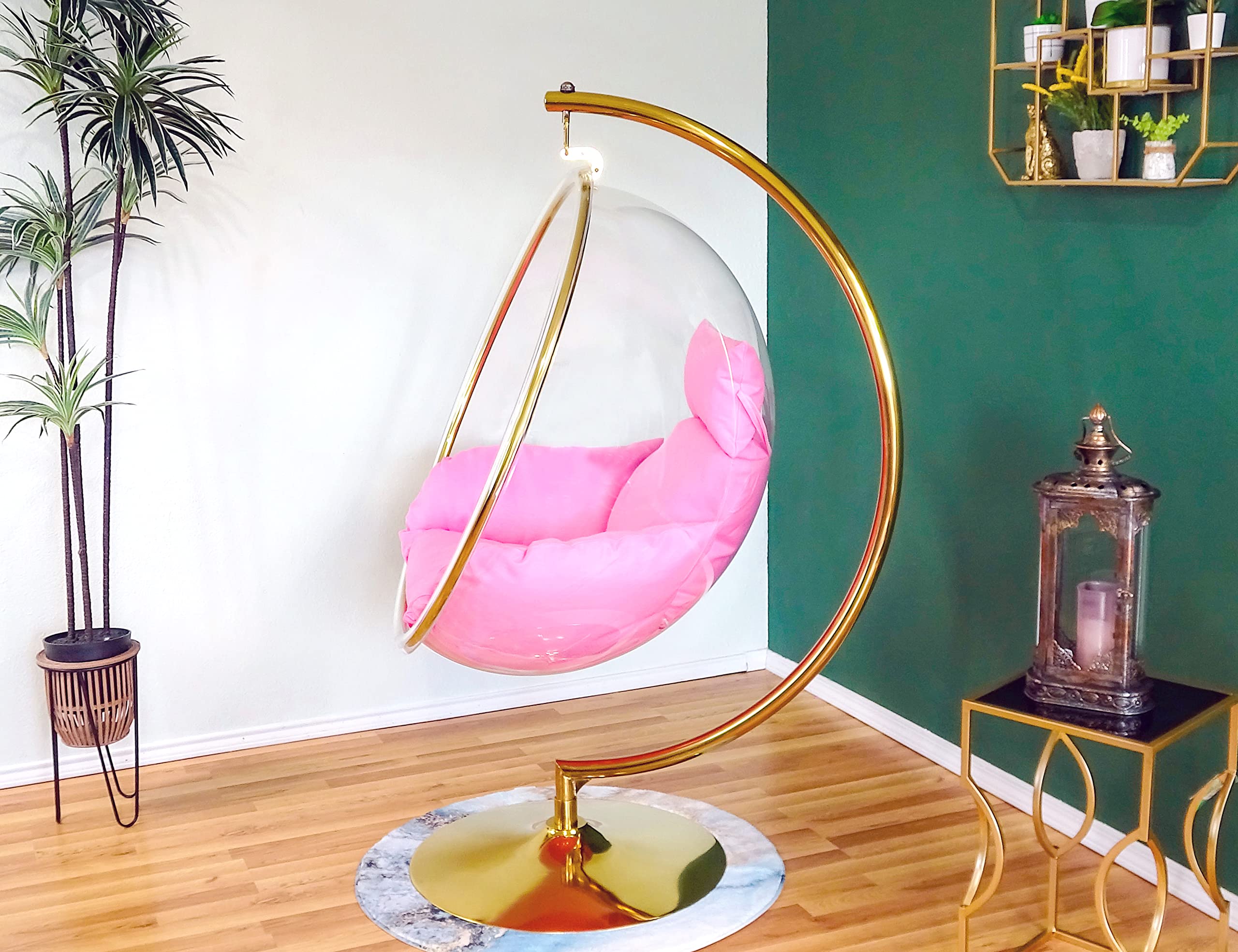 SK CHUMRA Bubble Hanging Chair Clear Acrylic Accent Swing Chair with Gold/Chrome Stand and Durable Fabric Seat Cushion (Gold/Pink Cushion)