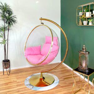 SK CHUMRA Bubble Hanging Chair Clear Acrylic Accent Swing Chair with Gold/Chrome Stand and Durable Fabric Seat Cushion (Gold/Pink Cushion)