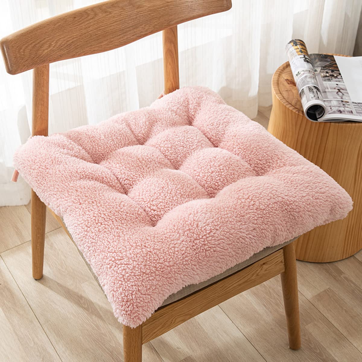 Square Lamb Wool Cushion Solid Color Butt Pad Non-Slip Soft Fluffy Thicken Plush Seat Pillows Cushions Office Chair Seat Pad Chair Cushion for Home, Office,Adults and Children Pink-15.7inch