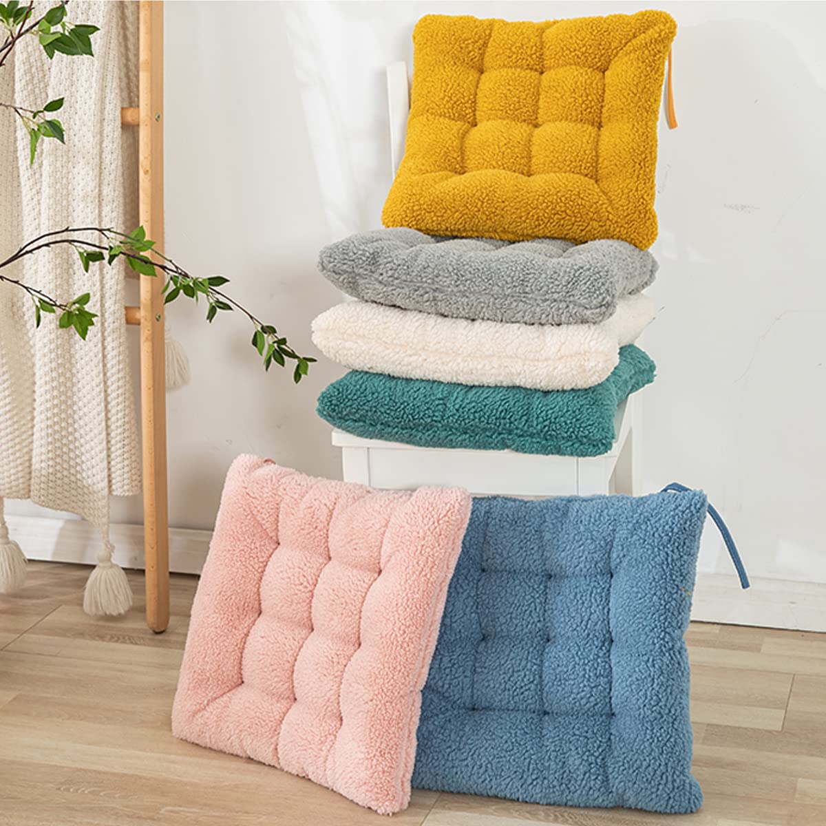 Square Lamb Wool Cushion Solid Color Butt Pad Non-Slip Soft Fluffy Thicken Plush Seat Pillows Cushions Office Chair Seat Pad Chair Cushion for Home, Office,Adults and Children Pink-15.7inch