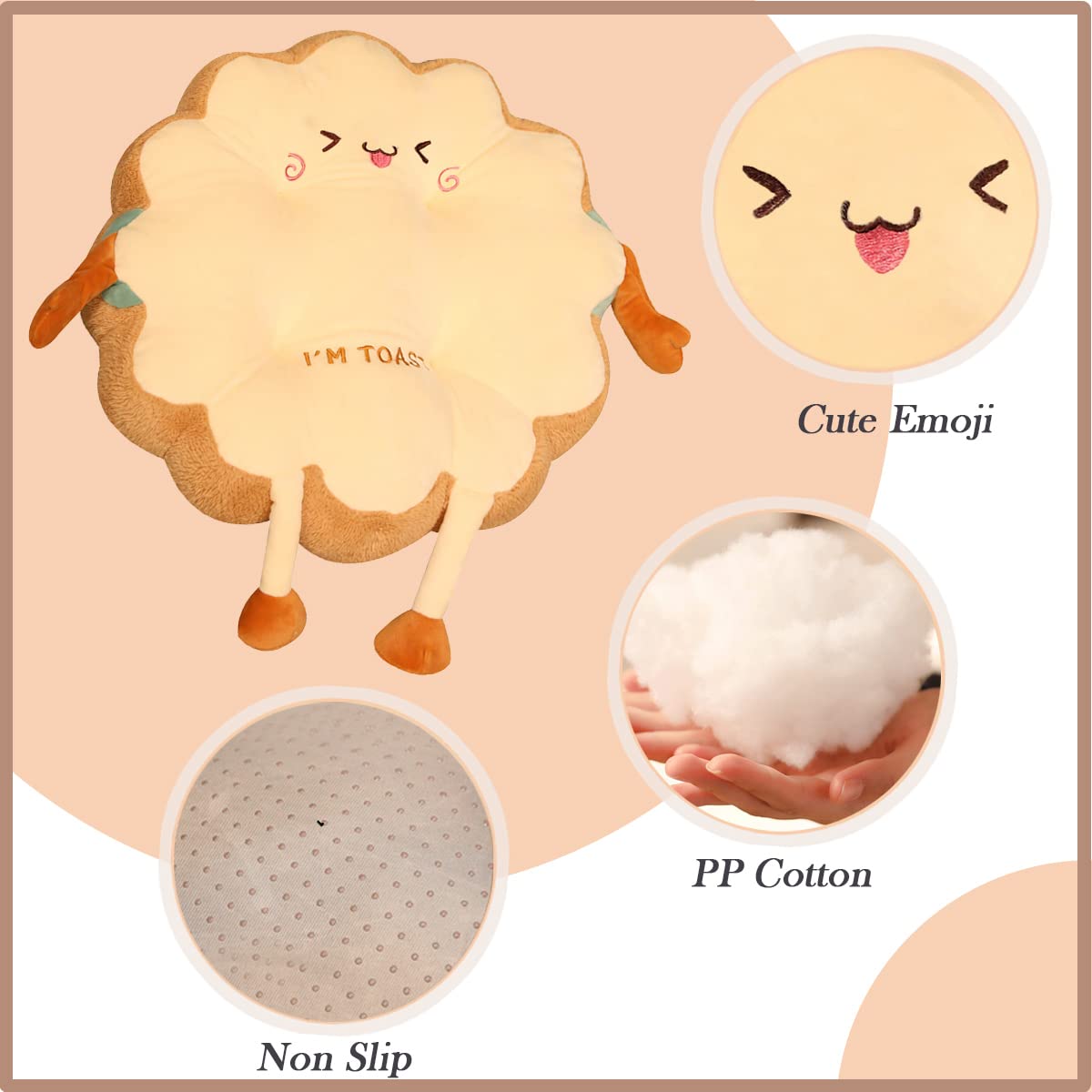 Toast Travel Pillow Seat Cushion Cute Plush Back Cushion Chair Pad Super Soft Washable nap Pillow for Car, Sofa and Bedroom, Squint Smile