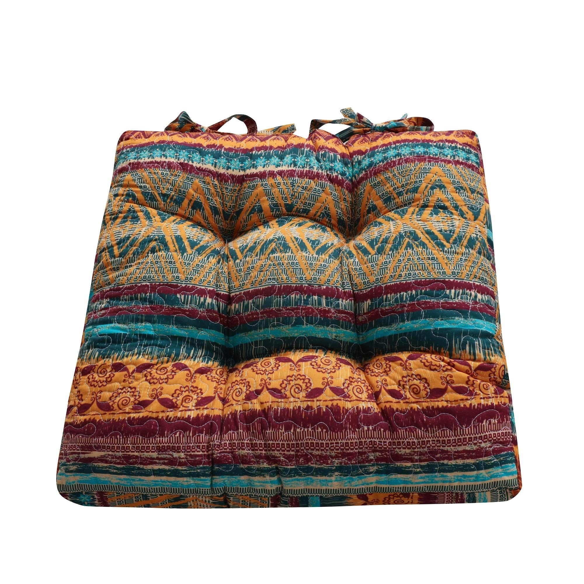 MISC Southwest Triple Layered Chair Pad - 18 Inches X Gold Geometric Southwestern Cotton Microfiber Polyester Ties