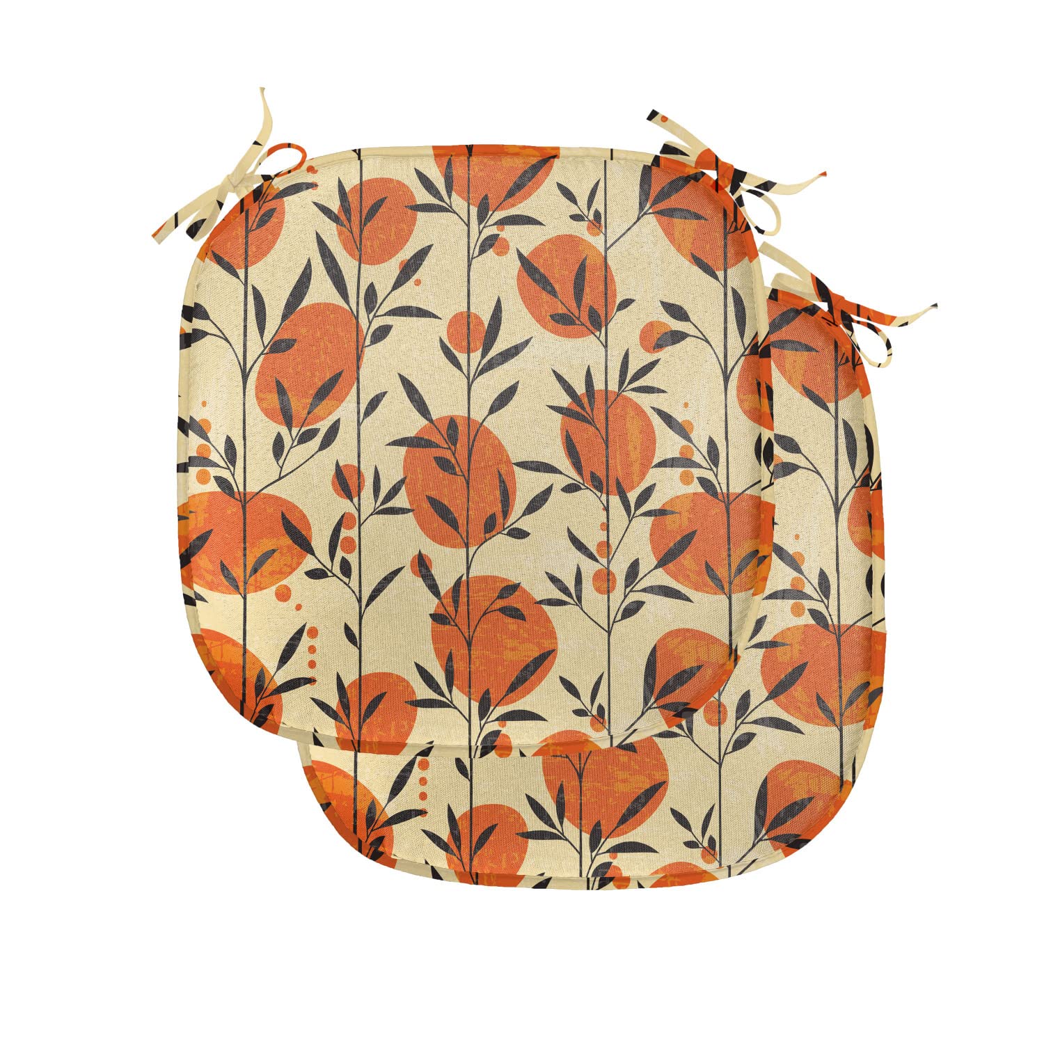 Lunarable Nature Chair Seating Cushion Set of 2, Floral Flower Ivy with Leaves Botanical Forest Trees and Circled Backdrop, Anti-Slip Seat Padding for Kitchen & Patio, 16"x16", Orange Black Cream