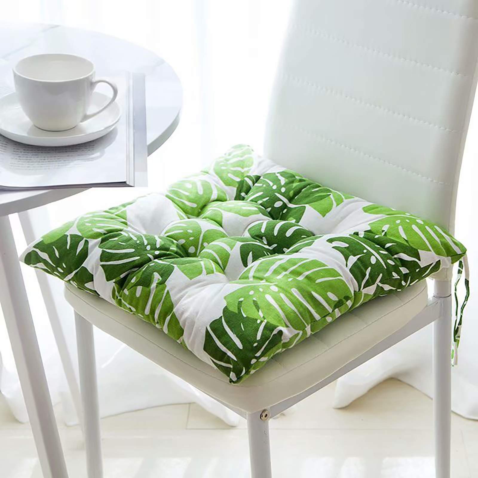 WEIGE Set of 4 Dining Room Chair Cushions seat Cushions with Ties Filled with Cotton Quilted Design Square Chair Cushions for The Kitchen Dining Room Garden Office car (Green Leaf) WEI, 40*40cm