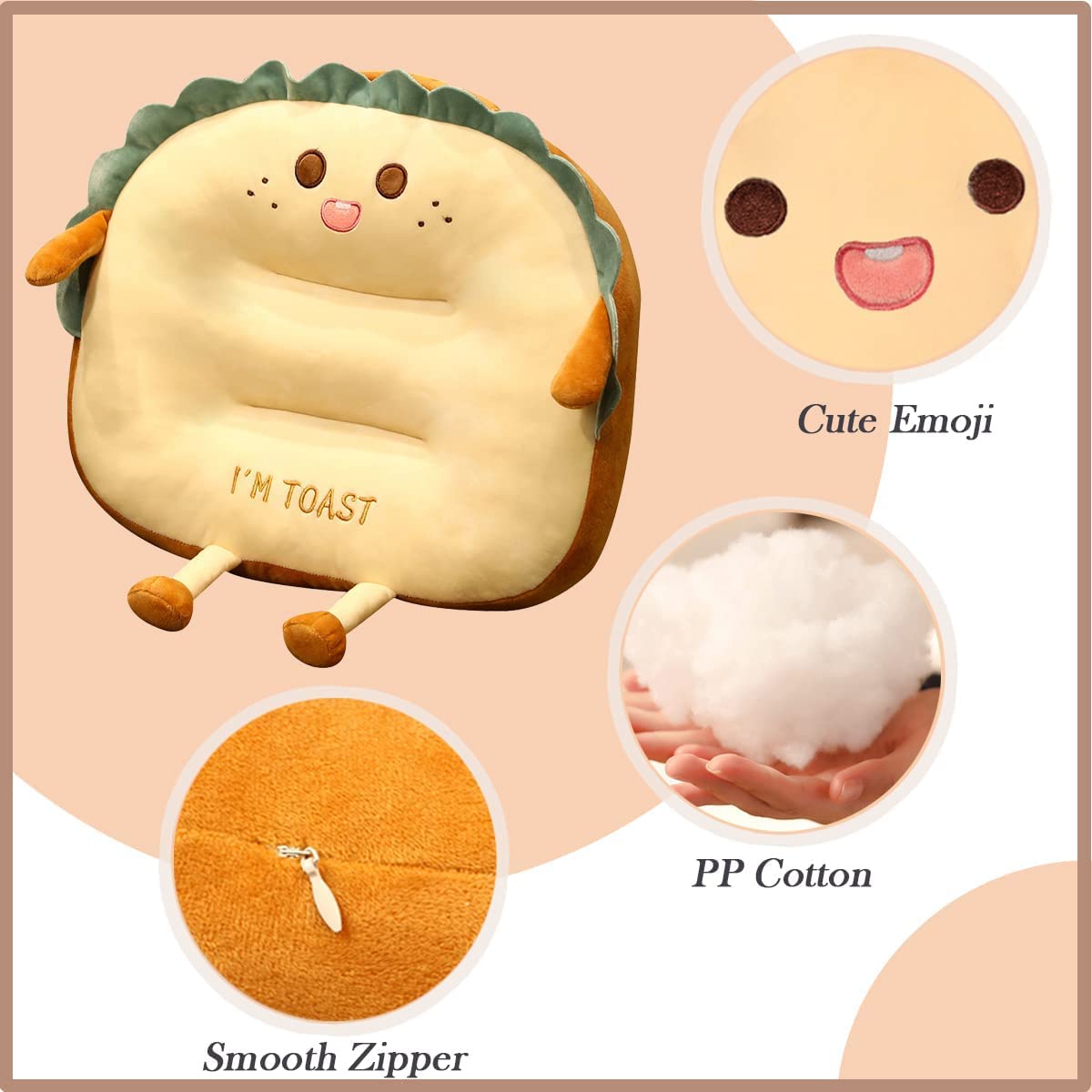 JOSON Cartoon Double-Sided Chair Cushion Toast Travel Pillow, Soft and Lovely Plush Toast Cushion, Suitable for Cars, Sofas, Balconies, Offices and Families (Happy)