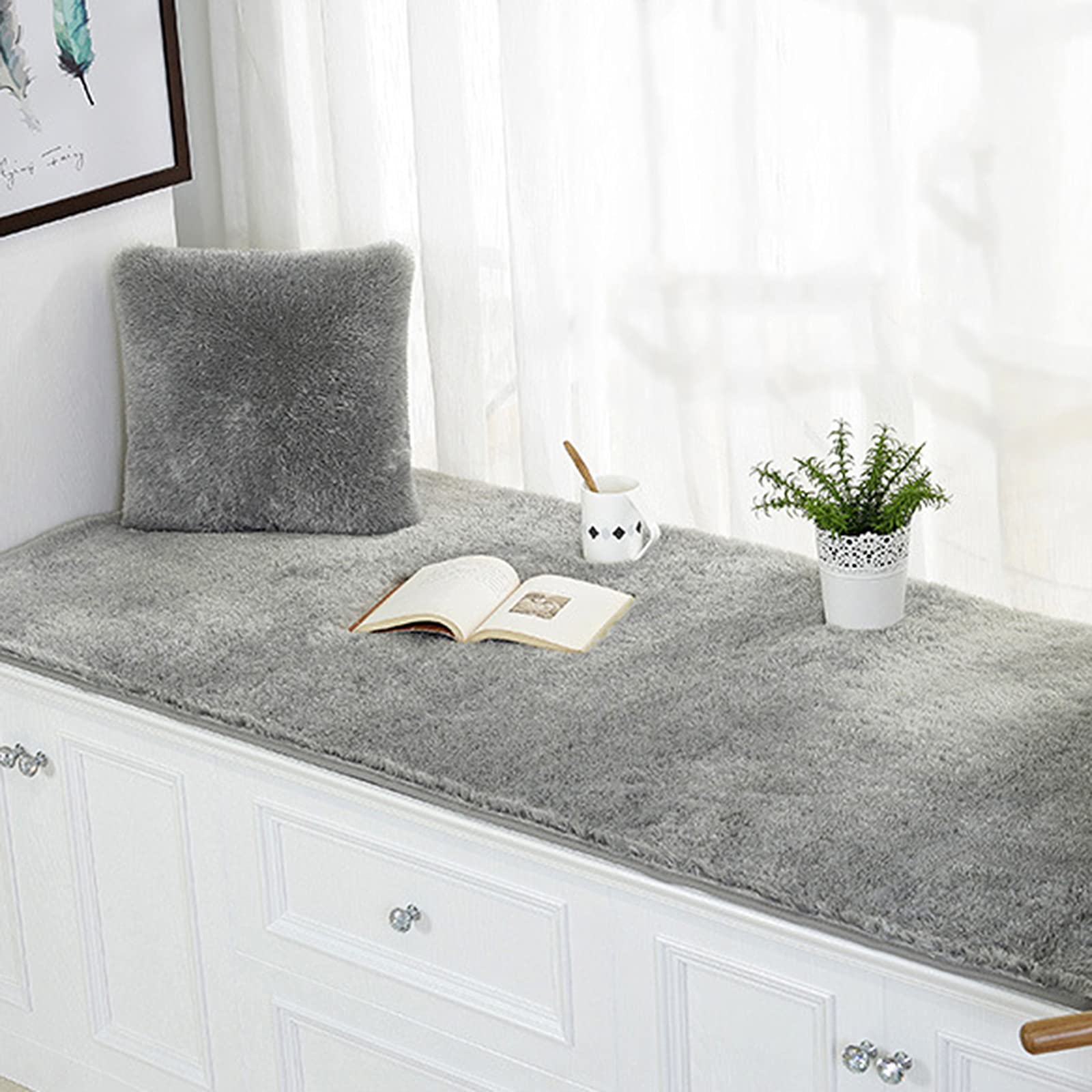 Fluffy Window Bench Cushion Pad,Thicken Plush Bay Window Seat Cushions Soft Tatami Pads,Not-Slip Floor Mat,Home Decor Rug Bench Cushion-Grey 60x180cm(24x71inch)