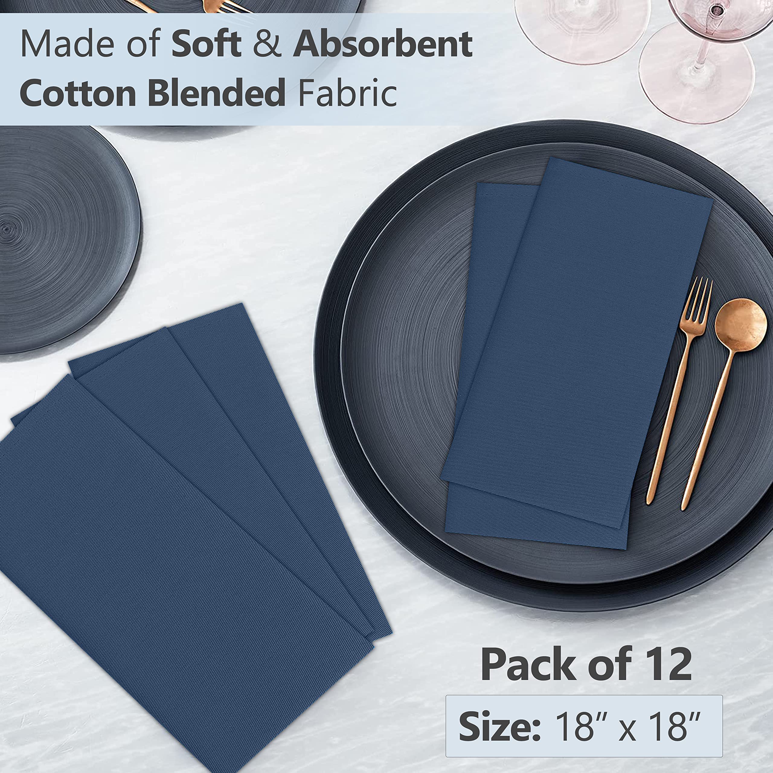 Ruvanti Cloth Napkins Set of 12, 18x18 Inches Napkins Cloth Washable, Soft, Durable, Absorbent, Cotton Blend. Table Dinner Napkins Cloth for Hotel, Lunch, Restaurant, Weddings, Parties - Navy Blue