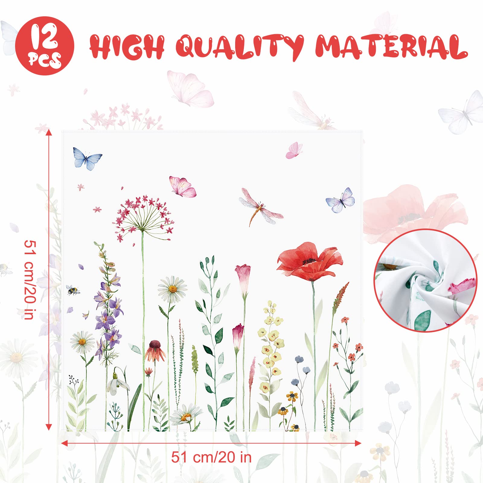 12 Pcs Spring Cloth Napkins Floral Napkins 20'' x 20'' Washable Dinner Napkins Tea Party Napkins for Kitchen Party Wedding Restaurant Indoor Outdoor Botanical Fresh Spring Summer