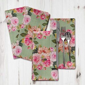 S4Sassy Green Stripe & Ranunculus Floral Holiday Parties Cloth Table Linen Re-Usable Dinner Napkins Set 18 x 18(Pack of 6)