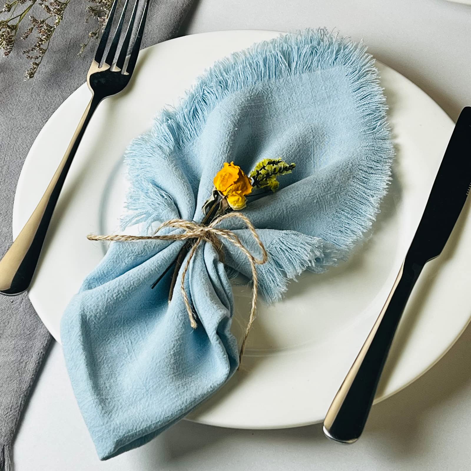 Dololoo Handmade Cloth Napkins with Fringe,18 x 18 Inches Cotton Linen Napkins Set of 4 Versatile Handmade Square Rustic Fringe Napkins for Dinner, Wedding and Parties, Blue