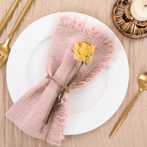 Socomi Handmade Cloth Napkins with Fringe Set of 12 Dusty Pink Cotton Linen Napkins 18"x18" Rustic Dinner Napkins Bulk for Wedding Party Baby Shower