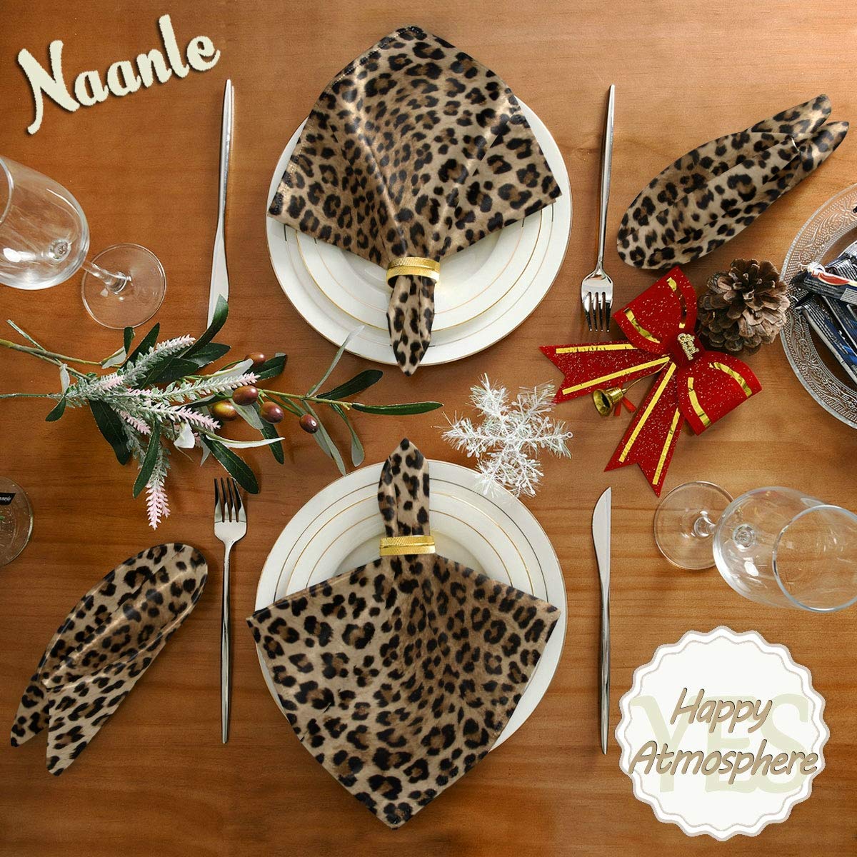 Naanle Animal Print Cloth Napkins Dinner Table Napkins Set of 6, Leopard Solid Washable Reusable Polyester Napkins with Hemmed Edges for Home Holiday Party Wedding Oversized 20 x 20 in