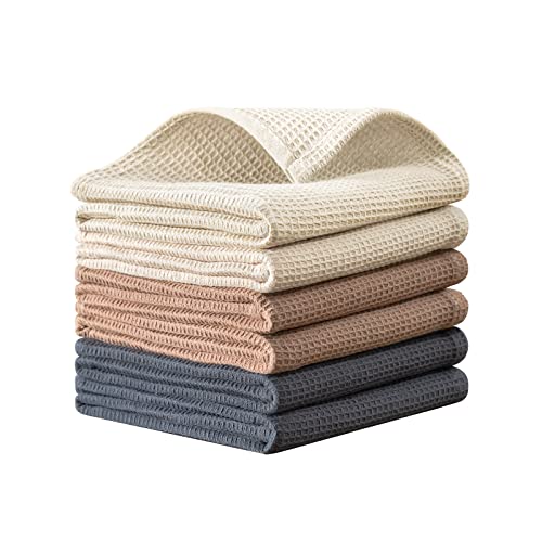 QUILTINA Cotton Waffle Weave Dish Towels Set, 17 x 25 Inches, 6 Pack, Beige, Brown, Dark Grey