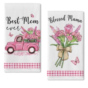 seliem mother's day truck flower kitchen dish towel set of 2, best mom ever carnation rose bouquet hand towel buffalo plaid drying baking cooking cloth, blessed mama holiday kitchen gift 18x26 inches