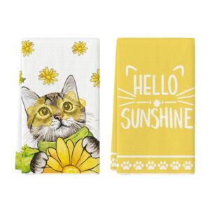 artoid mode yellow flowers cat hello sunshine kitchen towels dish towels, 18x26 inch spring summer holiday decoration hand towels set of 2