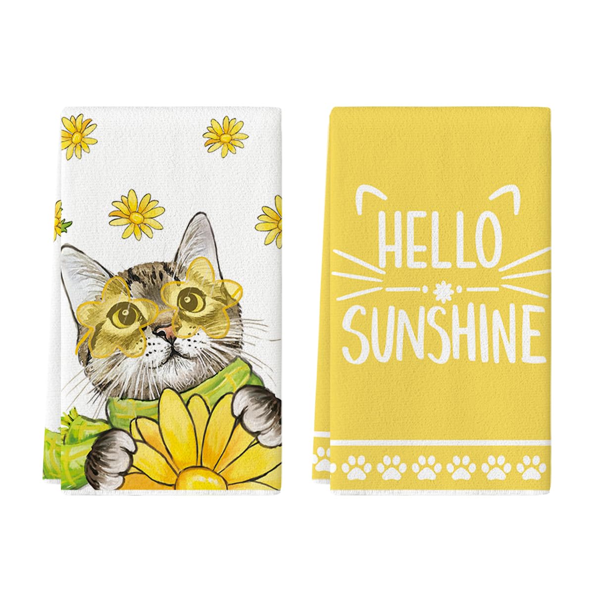 Artoid Mode Yellow Flowers Cat Hello Sunshine Kitchen Towels Dish Towels, 18x26 Inch Spring Summer Holiday Decoration Hand Towels Set of 2