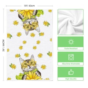 Artoid Mode Yellow Flowers Cat Hello Sunshine Kitchen Towels Dish Towels, 18x26 Inch Spring Summer Holiday Decoration Hand Towels Set of 2