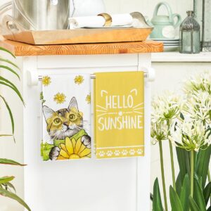 Artoid Mode Yellow Flowers Cat Hello Sunshine Kitchen Towels Dish Towels, 18x26 Inch Spring Summer Holiday Decoration Hand Towels Set of 2