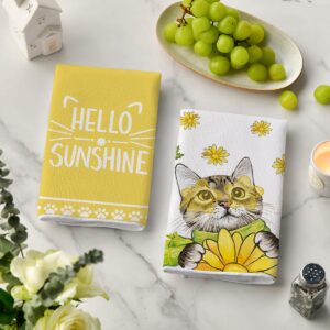 Artoid Mode Yellow Flowers Cat Hello Sunshine Kitchen Towels Dish Towels, 18x26 Inch Spring Summer Holiday Decoration Hand Towels Set of 2