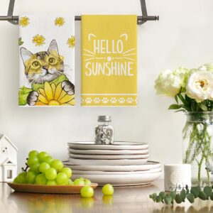 Artoid Mode Yellow Flowers Cat Hello Sunshine Kitchen Towels Dish Towels, 18x26 Inch Spring Summer Holiday Decoration Hand Towels Set of 2