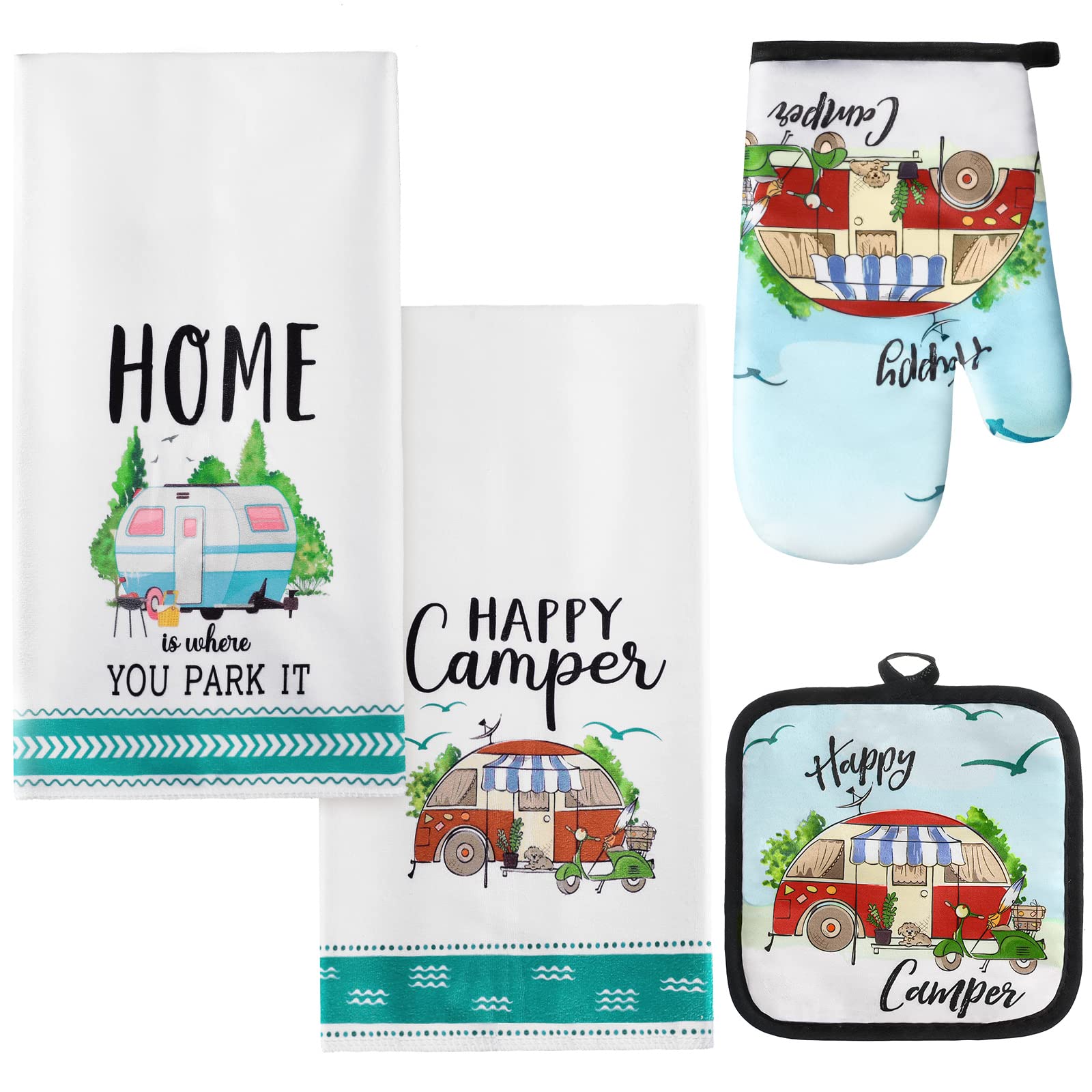 4 Pcs Camping Dish Towels Pot Holders Oven Mitts Set Making Memories One Campsite at a Time RV Kitchen Towels Soft Absorbent Pot Holder Camper Oven Mitt Dish Cloths Hand Towels