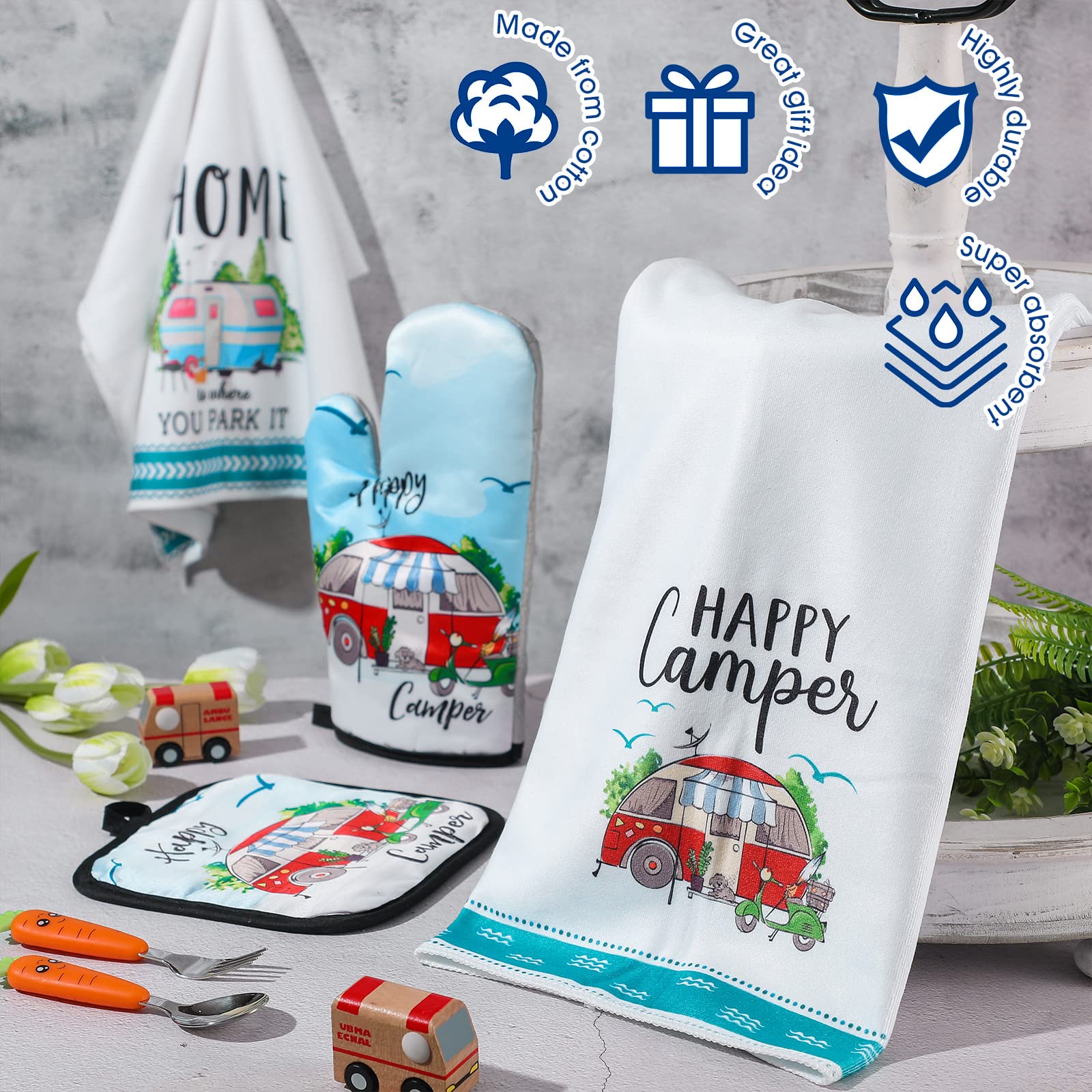 4 Pcs Camping Dish Towels Pot Holders Oven Mitts Set Making Memories One Campsite at a Time RV Kitchen Towels Soft Absorbent Pot Holder Camper Oven Mitt Dish Cloths Hand Towels