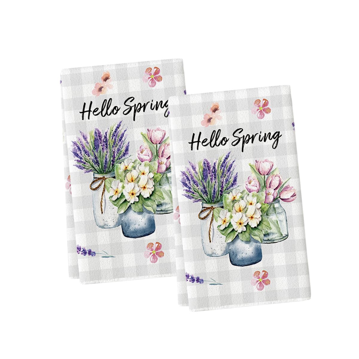 Artoid Mode Buffalo Plaid Lavender Vase Spring Kitchen Towels Dish Towels, 18x26 Inch Summer Tulips Flowers Holiday Decoration Hand Towels Set of 2