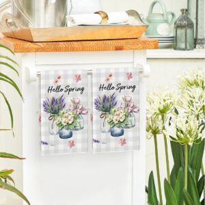 Artoid Mode Buffalo Plaid Lavender Vase Spring Kitchen Towels Dish Towels, 18x26 Inch Summer Tulips Flowers Holiday Decoration Hand Towels Set of 2