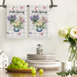 Artoid Mode Buffalo Plaid Lavender Vase Spring Kitchen Towels Dish Towels, 18x26 Inch Summer Tulips Flowers Holiday Decoration Hand Towels Set of 2