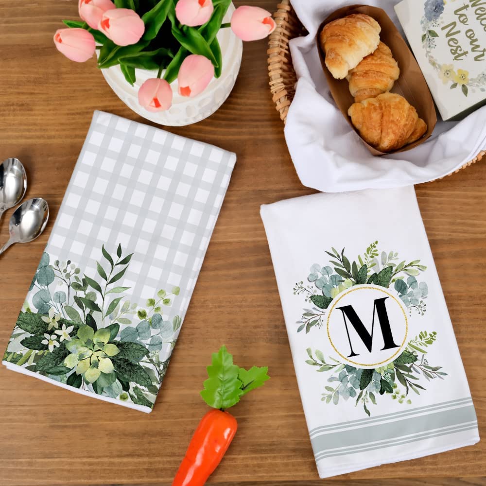 GEEORY Monogram Letter M Kitchen Towels for Home Decor Eucalyptus Leaves Family Last Name Initial Dish Towels 18x26 Inch Ultra Absorbent Bar Drying Cloth Hand Towel Bathroom Decorations Set of 2