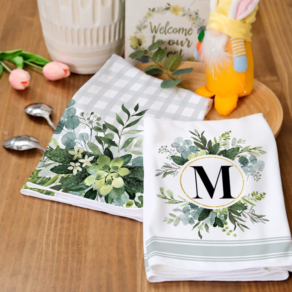 GEEORY Monogram Letter M Kitchen Towels for Home Decor Eucalyptus Leaves Family Last Name Initial Dish Towels 18x26 Inch Ultra Absorbent Bar Drying Cloth Hand Towel Bathroom Decorations Set of 2