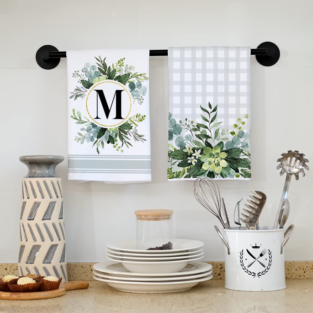 GEEORY Monogram Letter M Kitchen Towels for Home Decor Eucalyptus Leaves Family Last Name Initial Dish Towels 18x26 Inch Ultra Absorbent Bar Drying Cloth Hand Towel Bathroom Decorations Set of 2