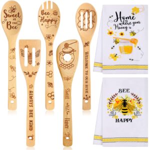 minatee 7 pcs bee kitchen decor set, including 2 pcs bee kitchen towels and 5 pcs cute bee wooden spoons rustic bamboo utensils gifts for housewarming bridal shower anniversary