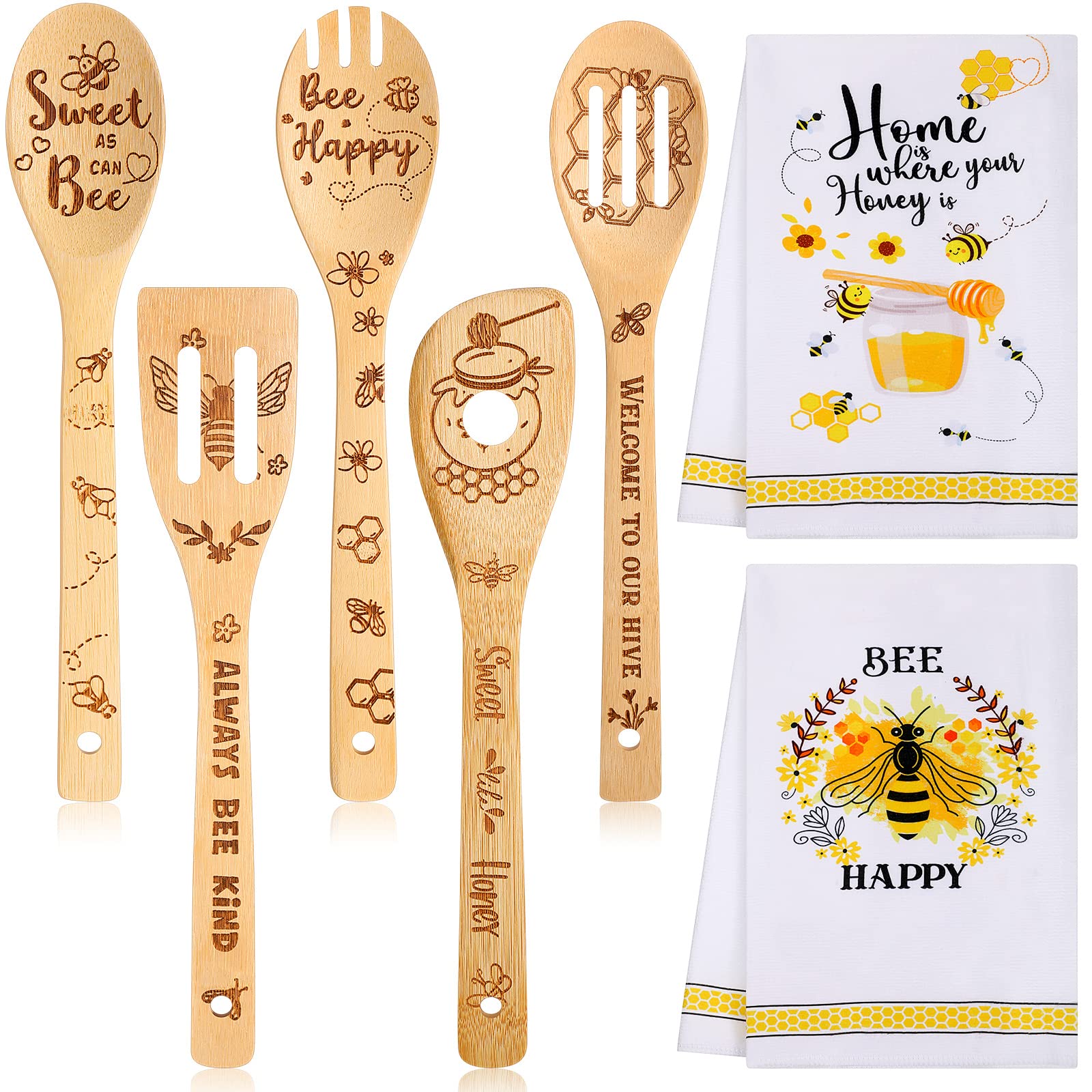 Minatee 7 Pcs Bee Kitchen Decor Set, Including 2 Pcs Bee Kitchen Towels and 5 Pcs Cute Bee Wooden Spoons Rustic Bamboo Utensils Gifts for Housewarming Bridal Shower Anniversary