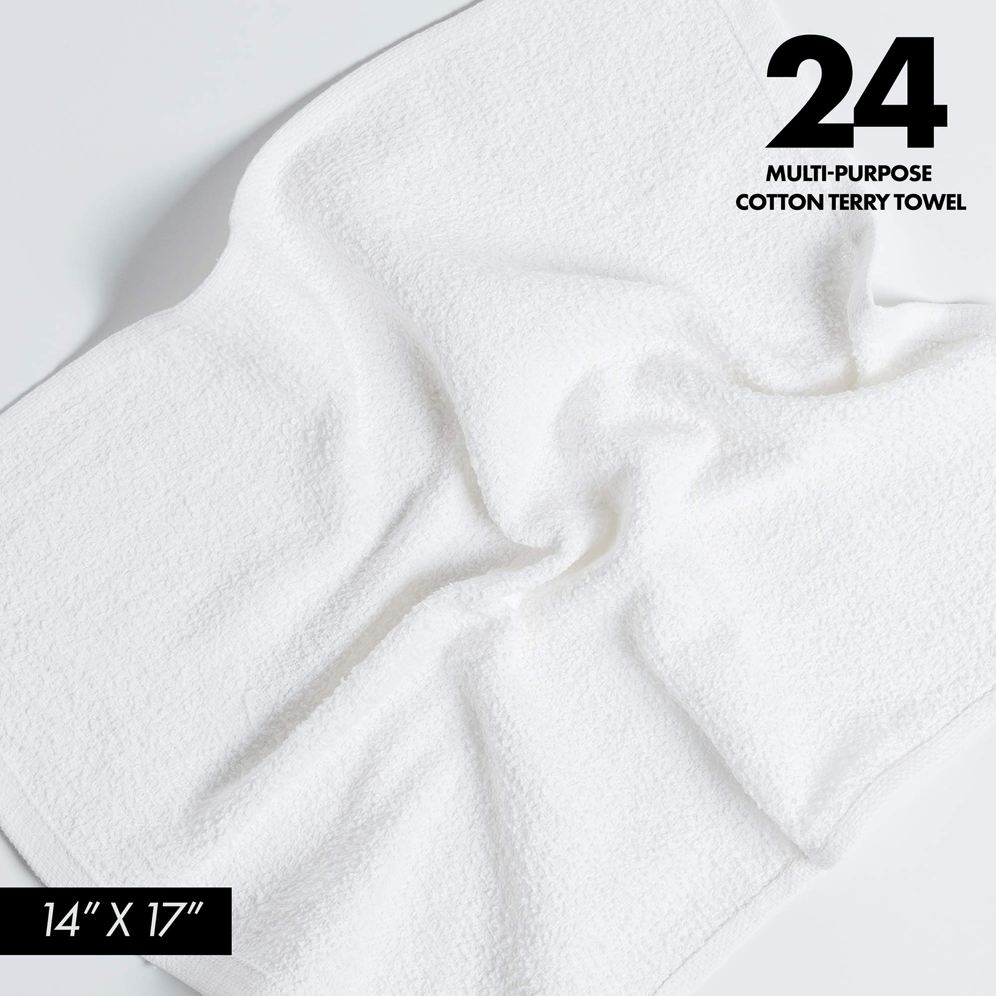 Cotton Terry Towel Cleaning Cloths White, 14"x17" Pack of 24, 100% Cotton Terry Cloth Bar Rags White Bar Towels Multi-Purpose High Absorbent Terry Towels for Cleaning Auto Detailing or Painters