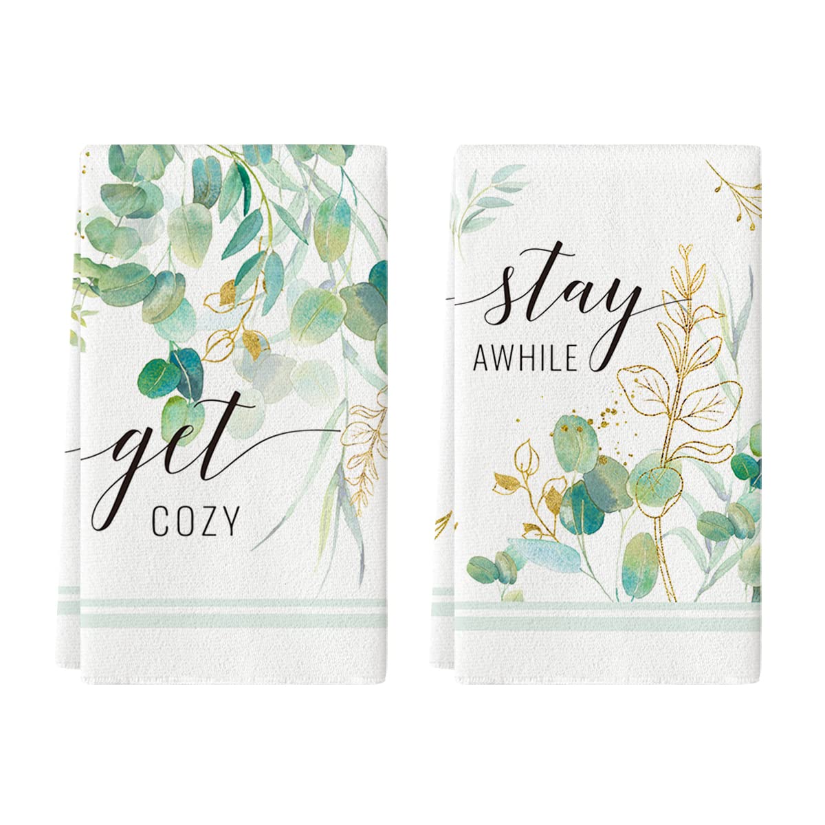 Artoid Mode Eucalyptus Get Cozy Stay Awhile Kitchen Towels, 18 x 26 Inch Holiday Spring Summer Wedding Daily Fingertip Towel Tea Bar Hand Drying Cloth Kitchen Bathroom Gift Set of 2