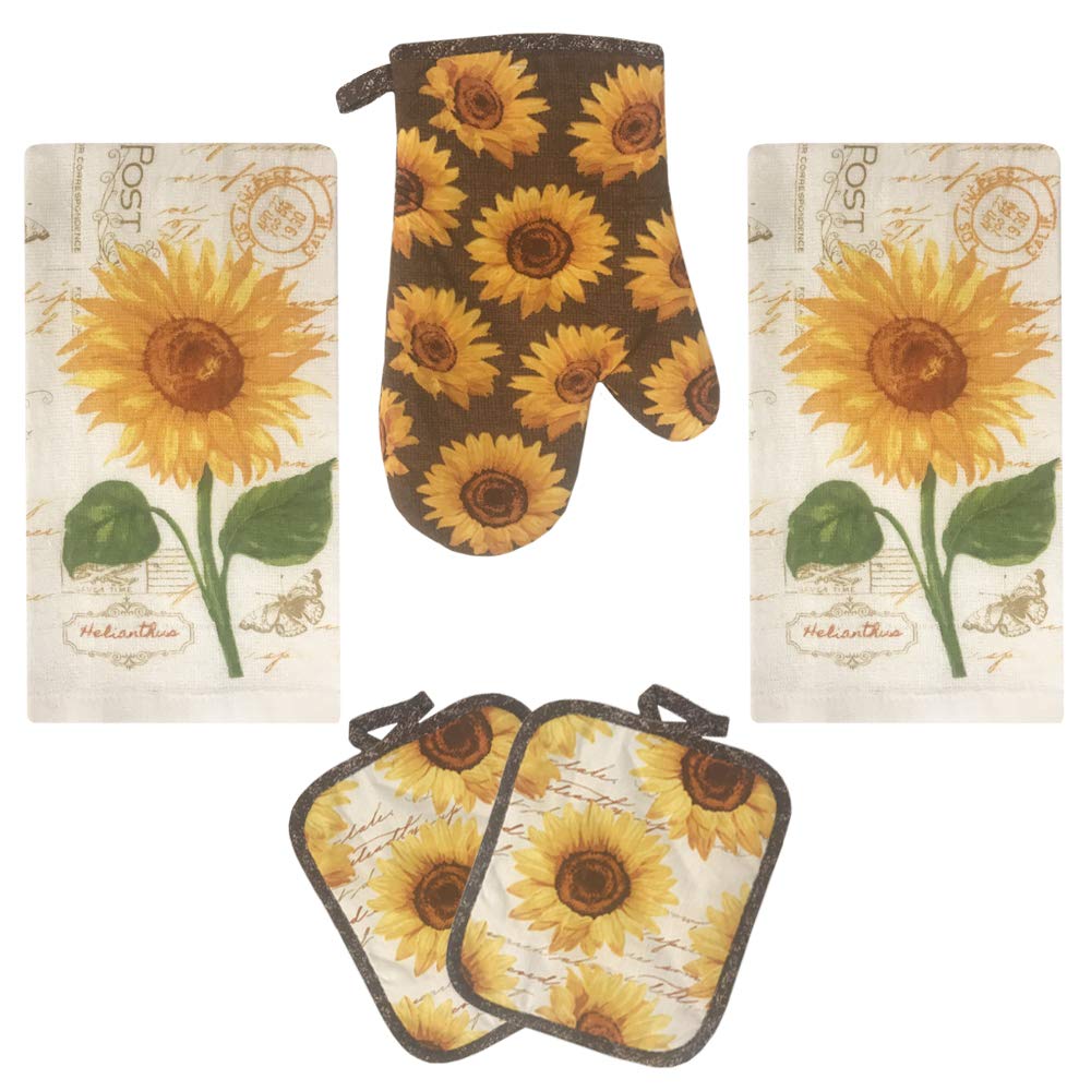 Lobyn Value Packs Golden Sunflower Kitchen Towel 5 Piece Linen Set 2 Towels 2 Pot Holders 1 Oven Mitt