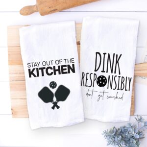 Funny Kitchen Towel - Pickleball Dish Cloth Set with Stay out of the Kitchen and Dink Responsibly Gift for Him or Her - Retirement - Christmas - Mothers Day - Fathers Day - Birthday (Dink/Kitchen Set)