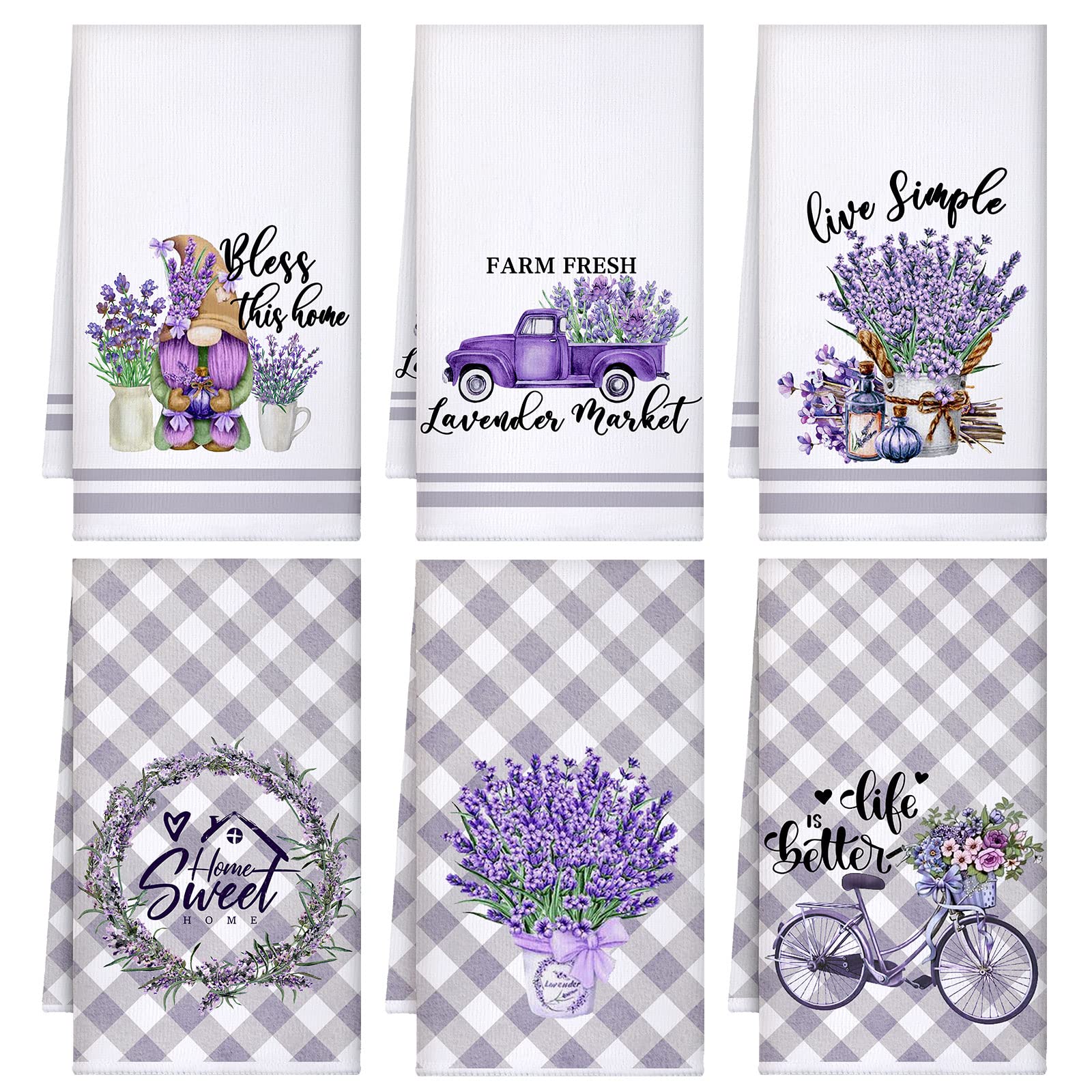 Boyiee Set of 6 Lavender Kitchen Towels Absorbent Dish Towels Lavender Towels 24 x 16 Inches Kitchen Gifts Purple Kitchen Hand Towels Lavender Lover Gifts for Farmhouse Kitchen Bathroom Decorations